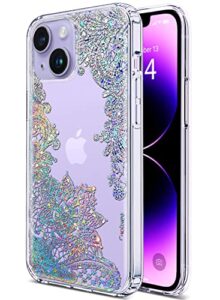 coolwee anti yellowing clear glitter compatible iphone 14 case, 6.1 inch, military grade drop protection slim crystal lace bling floral hard pc soft tpu bumper cover mandala henna