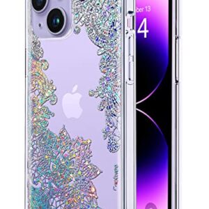 Coolwee Anti Yellowing Clear Glitter Compatible iPhone 14 Case, 6.1 inch, Military Grade Drop Protection Slim Crystal Lace Bling Floral Hard PC Soft TPU Bumper Cover Mandala Henna