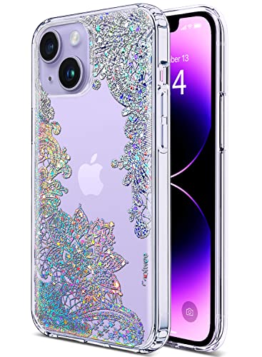 Coolwee Anti Yellowing Clear Glitter Compatible iPhone 14 Case, 6.1 inch, Military Grade Drop Protection Slim Crystal Lace Bling Floral Hard PC Soft TPU Bumper Cover Mandala Henna