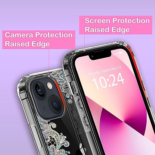 Coolwee Anti Yellowing Clear Glitter Compatible iPhone 14 Case, 6.1 inch, Military Grade Drop Protection Slim Crystal Lace Bling Floral Hard PC Soft TPU Bumper Cover Mandala Henna