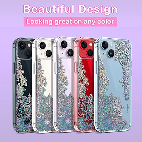 Coolwee Anti Yellowing Clear Glitter Compatible iPhone 14 Case, 6.1 inch, Military Grade Drop Protection Slim Crystal Lace Bling Floral Hard PC Soft TPU Bumper Cover Mandala Henna