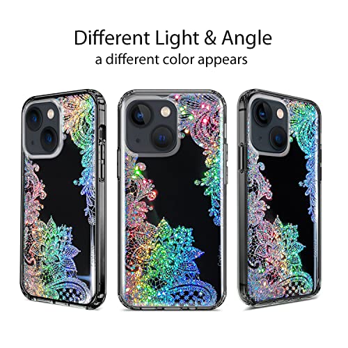 Coolwee Anti Yellowing Clear Glitter Compatible iPhone 14 Case, 6.1 inch, Military Grade Drop Protection Slim Crystal Lace Bling Floral Hard PC Soft TPU Bumper Cover Mandala Henna