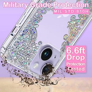 Coolwee Anti Yellowing Clear Glitter Compatible iPhone 14 Case, 6.1 inch, Military Grade Drop Protection Slim Crystal Lace Bling Floral Hard PC Soft TPU Bumper Cover Mandala Henna