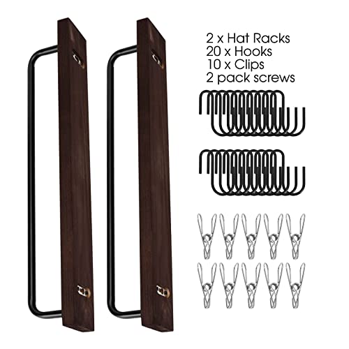 Kingmate 2-Pack Hat Rack for Wall Baseball Cap Organizer Hanger with 20 Hooks & 10 Clips, Wood & Solid Metal Rust-Proof - Black