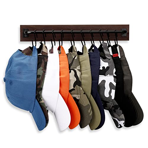 Kingmate 2-Pack Hat Rack for Wall Baseball Cap Organizer Hanger with 20 Hooks & 10 Clips, Wood & Solid Metal Rust-Proof - Black