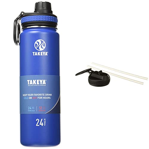 Takeya Originals Vacuum Insulated Stainless Steel Water Bottle, 24 Ounce, Navy & Actives Straw Lid for Insulated Water Bottle, Wide Mouth, Onyx