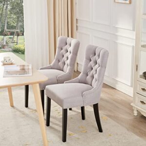 Kingfun Dining Chairs Set of 2, Upholstered Tufted Kitchen & Dining Room Chairs, Modern Accent Chairs Side Chair for Dinner Table/Waiting, Padded Nailhead Fabric Parson Chair(Solid Wooden, Light Grey)