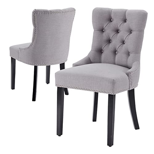 Kingfun Dining Chairs Set of 2, Upholstered Tufted Kitchen & Dining Room Chairs, Modern Accent Chairs Side Chair for Dinner Table/Waiting, Padded Nailhead Fabric Parson Chair(Solid Wooden, Light Grey)