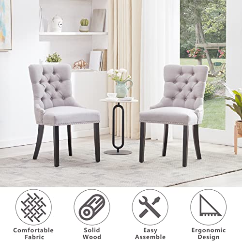 Kingfun Dining Chairs Set of 2, Upholstered Tufted Kitchen & Dining Room Chairs, Modern Accent Chairs Side Chair for Dinner Table/Waiting, Padded Nailhead Fabric Parson Chair(Solid Wooden, Light Grey)