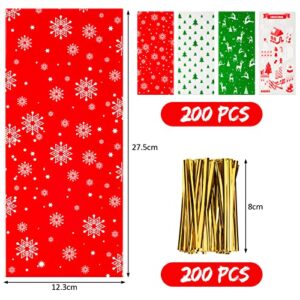 Yixiang 200 PCS Christmas Cellophane Goody Bags Assortment for Holiday Treats, Christmas Party Favors, Cello Candy Bags, Christmas Gifts, Party Supplies, Christmas Goodie Bags