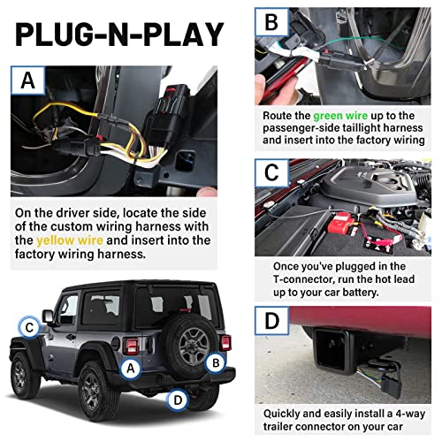 MECMO 56407 4-Pin Trailer Wiring Harness for 2018-2023 Jeep Wrangler JL/JLU, 2020-2023 Jeep Gladiator JT, 19-23 Jeep Wrangler Unlimited, Towing Hitch Wiring for JL Trailer Light Connect