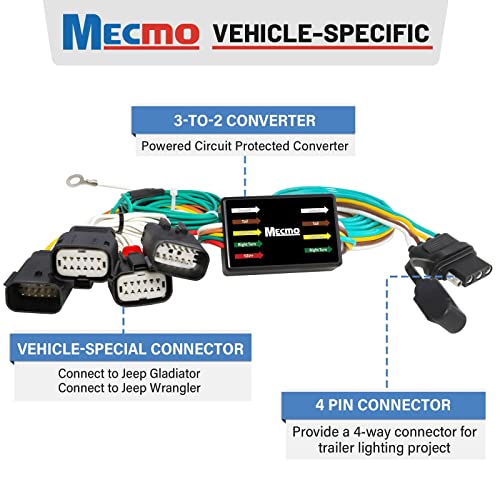 MECMO 56407 4-Pin Trailer Wiring Harness for 2018-2023 Jeep Wrangler JL/JLU, 2020-2023 Jeep Gladiator JT, 19-23 Jeep Wrangler Unlimited, Towing Hitch Wiring for JL Trailer Light Connect