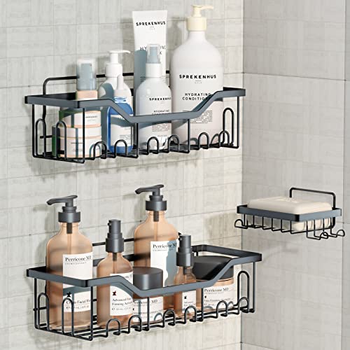 Shower Caddy, 3-Pack Adhesive Shower Caddy with Soap Holder and 24 Hooks, Adhesive Shower Organizer No Drilling,Large Capacity Precision Stainless Steel Wall Rack, Home & Bathroom Organizer