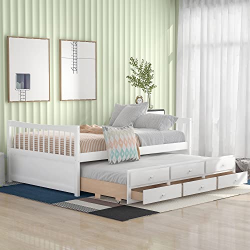 Rhomtree Storage Full Size Bed with Twin Trundle and Drawers Wood Daybed Captain’s Bed Bedroom Furniture for Kids Teens Guests (Full White)