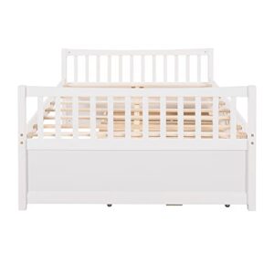 Rhomtree Storage Full Size Bed with Twin Trundle and Drawers Wood Daybed Captain’s Bed Bedroom Furniture for Kids Teens Guests (Full White)