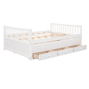 Rhomtree Storage Full Size Bed with Twin Trundle and Drawers Wood Daybed Captain’s Bed Bedroom Furniture for Kids Teens Guests (Full White)