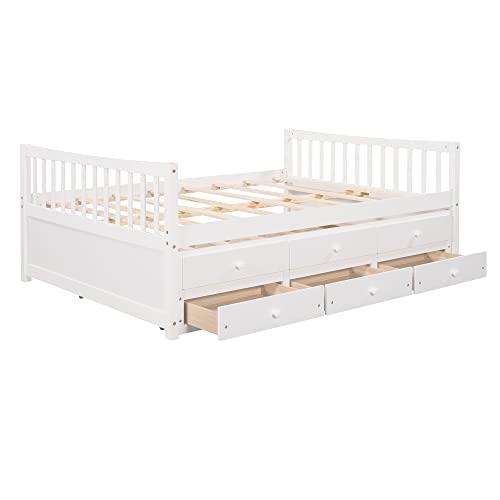 Rhomtree Storage Full Size Bed with Twin Trundle and Drawers Wood Daybed Captain’s Bed Bedroom Furniture for Kids Teens Guests (Full White)