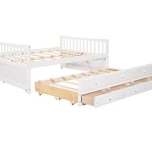 Rhomtree Storage Full Size Bed with Twin Trundle and Drawers Wood Daybed Captain’s Bed Bedroom Furniture for Kids Teens Guests (Full White)