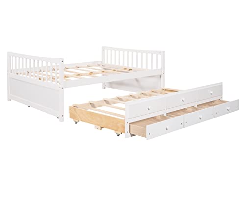 Rhomtree Storage Full Size Bed with Twin Trundle and Drawers Wood Daybed Captain’s Bed Bedroom Furniture for Kids Teens Guests (Full White)