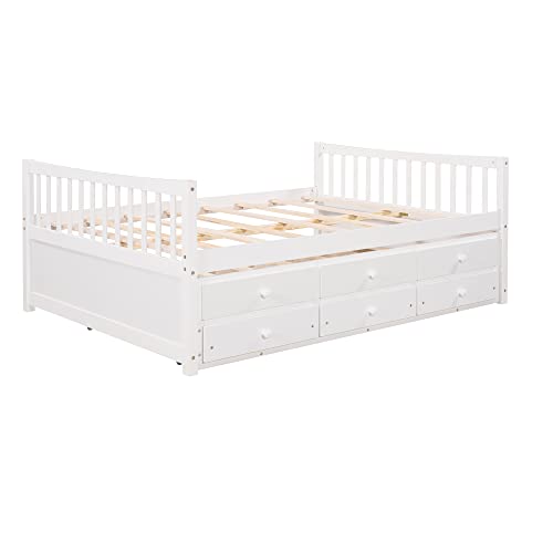 Rhomtree Storage Full Size Bed with Twin Trundle and Drawers Wood Daybed Captain’s Bed Bedroom Furniture for Kids Teens Guests (Full White)