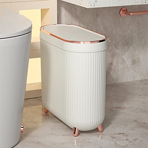 Bathroom Trash Can with Lid, 3.1 Gallon/12 Liter Slim Rubbish Bin Wastebasket, Rectangular Plastic Narrow Garbage Container Bin for Living Room, Kitchen, Toilet, Office(White)