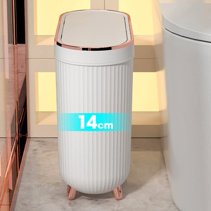 Bathroom Trash Can with Lid, 3.1 Gallon/12 Liter Slim Rubbish Bin Wastebasket, Rectangular Plastic Narrow Garbage Container Bin for Living Room, Kitchen, Toilet, Office(White)