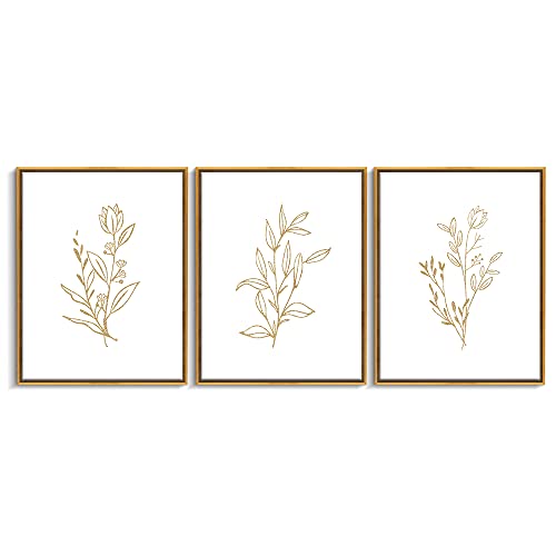 Creoate Framed Canvas Wall Art, Botanical Wall Art Print, Leaf Plant Poster Art Print Set of 3 Minimalist Leaves Canvas Wall Decor for Living Room, 12x16 Inch