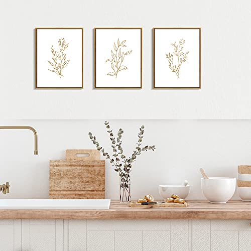 Creoate Framed Canvas Wall Art, Botanical Wall Art Print, Leaf Plant Poster Art Print Set of 3 Minimalist Leaves Canvas Wall Decor for Living Room, 12x16 Inch