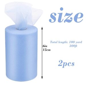 2 Pcs Tulle Fabric Rolls 6 Inch 100 Yards Polyester Tulle Gift Bow Tulle Roll Spool Fabric for Sewing Table Skirt and Birthday Party Wedding Decorations DIY Crafts Supplies (Light Blue)