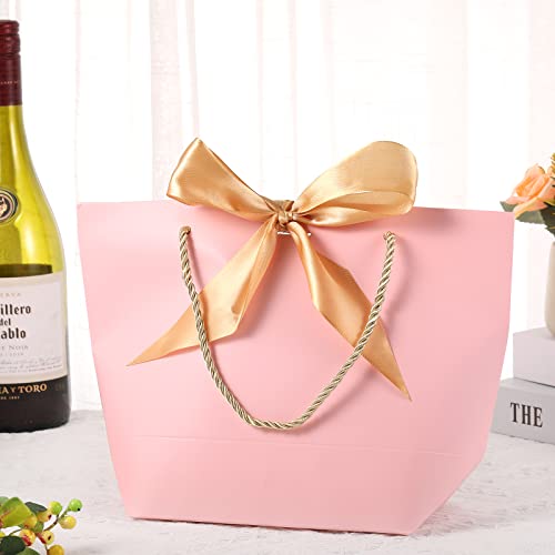 45 Pcs Gift Bags with Handles Paper Party Favor Bag Bulk Pink Paper Bags with Gold Bow Ribbon Pink Candy Bags for Birthday Wedding Bridesmaid Holiday Christmas Valentine's Day