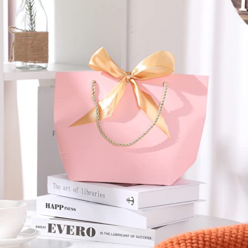 45 Pcs Gift Bags with Handles Paper Party Favor Bag Bulk Pink Paper Bags with Gold Bow Ribbon Pink Candy Bags for Birthday Wedding Bridesmaid Holiday Christmas Valentine's Day