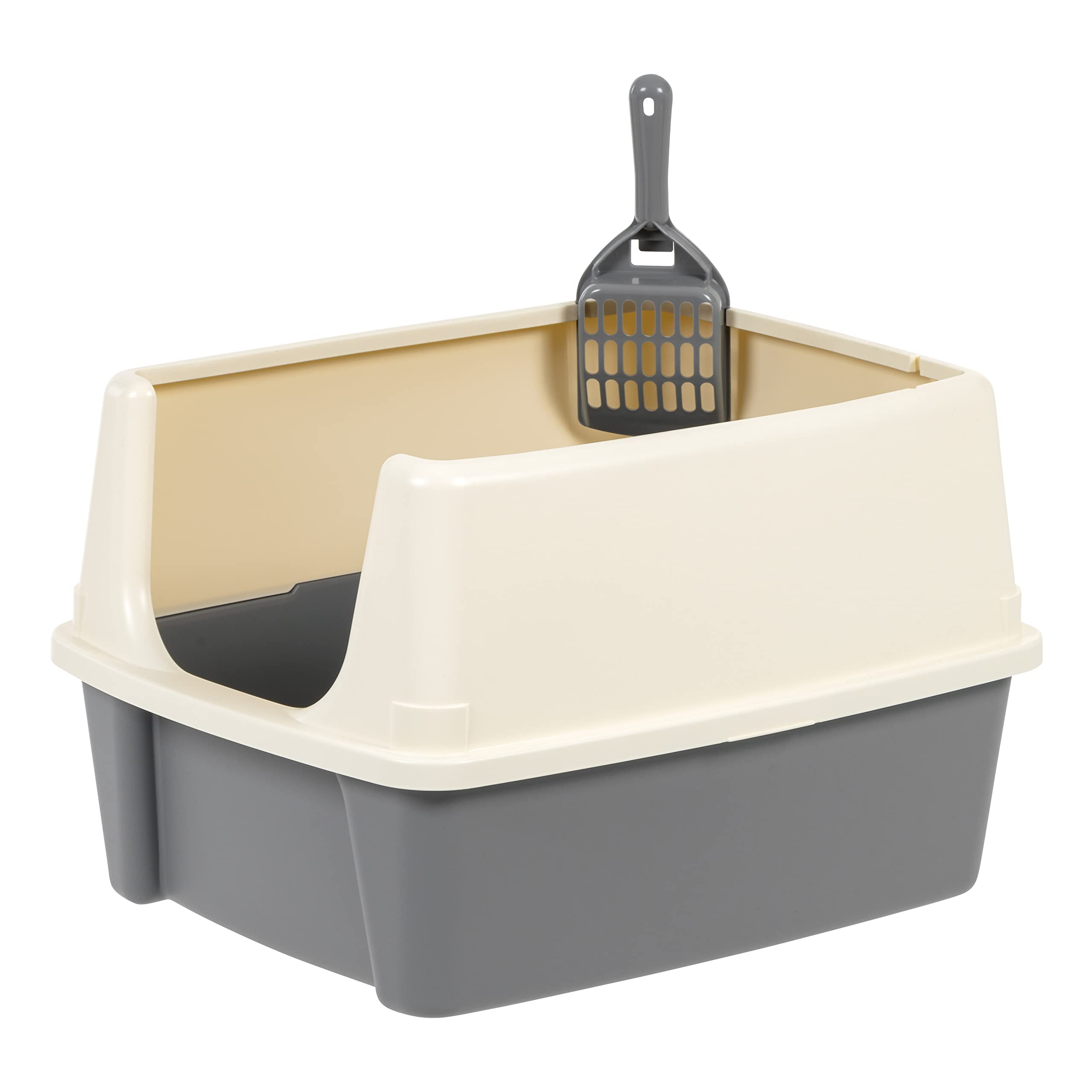 Amazon Basics Tall Open Top Cat Litter Box with High Sides and Scoop, 19 x 15 x 11.75 inches, Grey/Beige