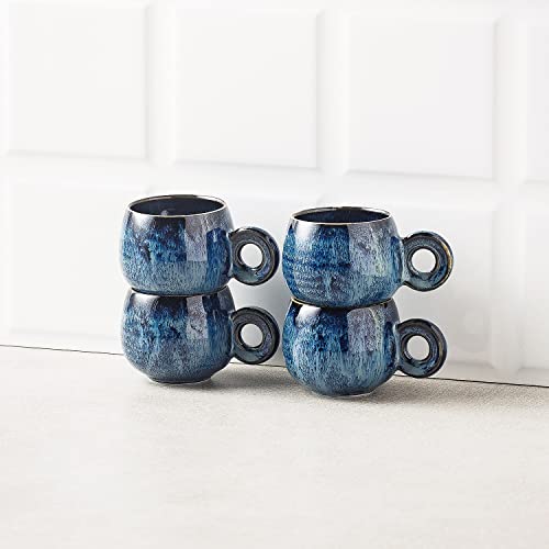 KYBSCZ Ceramic Espresso Cups Set of 4, 3 Ounces Demitasse Cups, Porcelain Mini Coffee Cups, Ceramic cups set Made by Fambe Reactive Glaze,Royal Blue