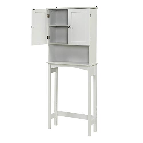 Merax, White Bathroom Over-The-Toilet Cabinet with Adjustable Shelf, Storage Rack, Two Doors, Wood