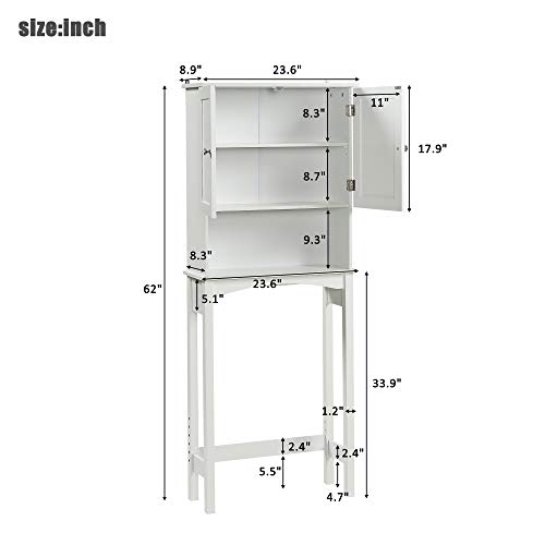 Merax, White Bathroom Over-The-Toilet Cabinet with Adjustable Shelf, Storage Rack, Two Doors, Wood