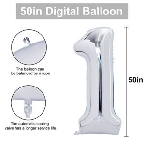 TONIFUL 50 Inch Large Silver Number Balloons 0-9, Foil Mylar Big Digital Balloon Number 1 Digit One for Birthday Party, Wedding, Bridal Shower, Engagement, Photo Shoot, Anniversary (Silver one)