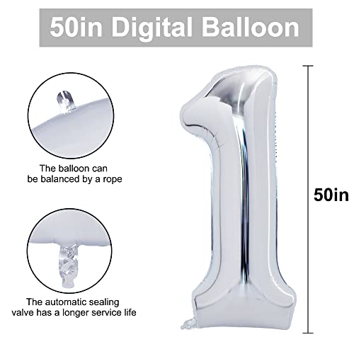 TONIFUL 50 Inch Large Silver Number Balloons 0-9, Foil Mylar Big Digital Balloon Number 1 Digit One for Birthday Party, Wedding, Bridal Shower, Engagement, Photo Shoot, Anniversary (Silver one)