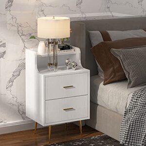 Tribesigns White Nightstand, Modern Bedside Table with 2 Drawers, Nightstands with heightened Shelves, Tall Nightstand with Golden Metal Legs, Bed Night Table for Bedroom, Big Wooden Night Stand