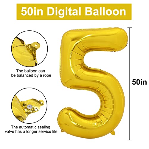 TONIFUL 50 Inch Large Gold Number Balloons 0-9, Foil Mylar Big Digital Balloon Number 5 Digit five for Birthday Party, Wedding, Bridal Shower, Engagement, Photo Shoot, Anniversary (Gold five)