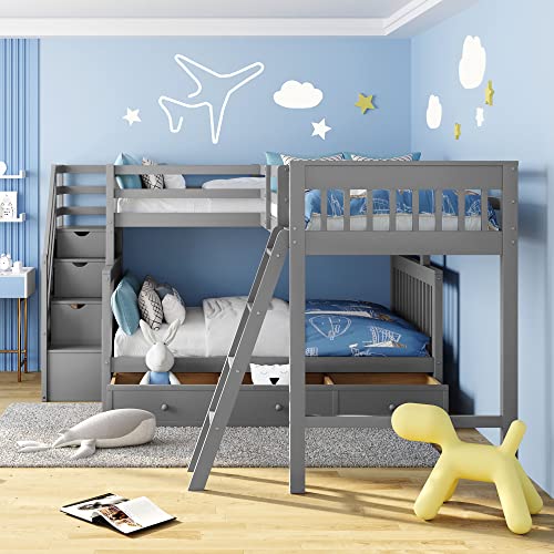 Modern L-Shaped Solid Wood Triple Bed, Twin over Full Bunk Bed with Storage Staircase and 3 Drawers, Loft Bed Frame with Ladder and Safety Guardrail for Aldults Teens Kids, Maximized Space (Grey)