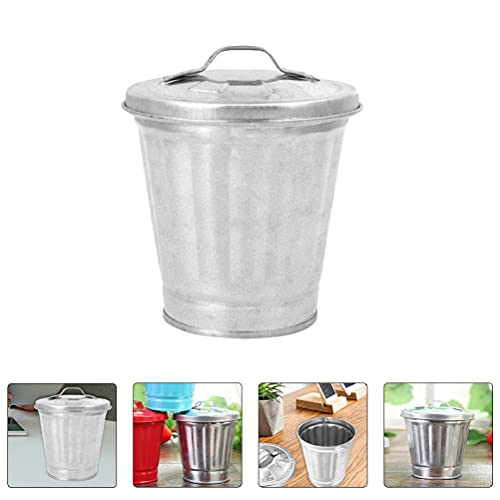 NUOBESTY Galvanized Trash Can with Lid Mini Wastebasket Trash Can Small Metal Buckets with Lids Mini Tabletop Trash Can Mini Metal Rubbish Bin Flower Pot Pen Holder(9.50X9.00X9.00cm)