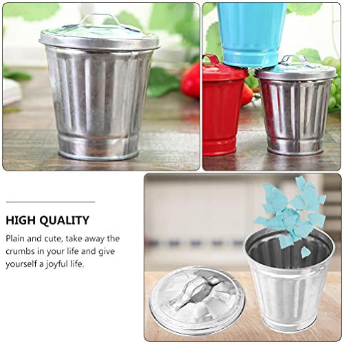 NUOBESTY Galvanized Trash Can with Lid Mini Wastebasket Trash Can Small Metal Buckets with Lids Mini Tabletop Trash Can Mini Metal Rubbish Bin Flower Pot Pen Holder(9.50X9.00X9.00cm)