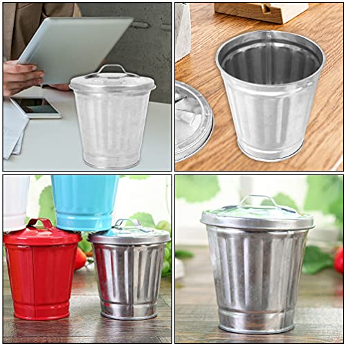 NUOBESTY Galvanized Trash Can with Lid Mini Wastebasket Trash Can Small Metal Buckets with Lids Mini Tabletop Trash Can Mini Metal Rubbish Bin Flower Pot Pen Holder(9.50X9.00X9.00cm)