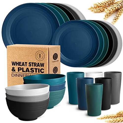 Teivio 24-Piece Kitchen Plastic Wheat Straw Dinnerware Set, Service for 6, Dinner Plates, Dessert Plate, Cereal Bowls, Cups, Unbreakable Plastic Outdoor Camping Dishes, Coastal Multicolor