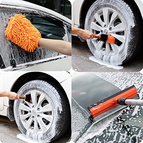 Lsyomne Car Wash Brush with Long Handle 62'' Chenille Microfiber Car Wash Mop Mitt Car Wheel Brush Car Care Cleaning Kit Windshield Window Squeegee Car Microfiber Towels for Cars RV Truck Boat