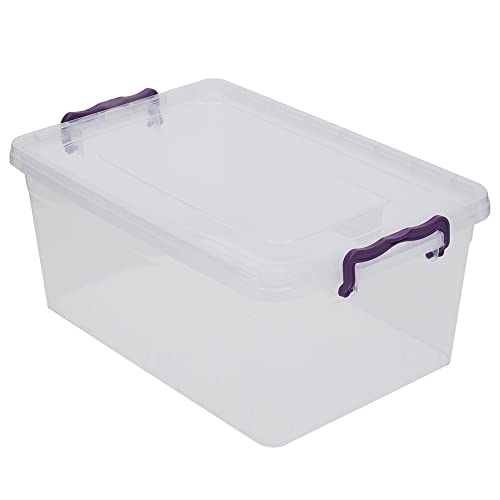 Home Basics Plastic Storage Box with Locking Lid, Clear | Durable Latches for Secure Closure | Purple Handles (15 liter)