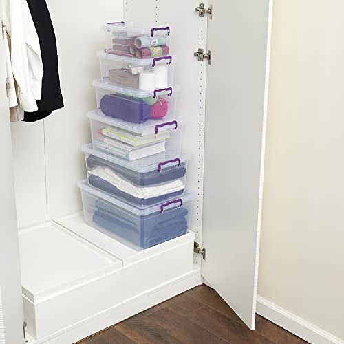 Home Basics Plastic Storage Box with Locking Lid, Clear | Durable Latches for Secure Closure | Purple Handles (15 liter)