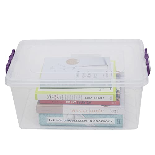 Home Basics Plastic Storage Box with Locking Lid, Clear | Durable Latches for Secure Closure | Purple Handles (15 liter)