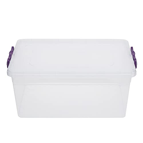 Home Basics Plastic Storage Box with Locking Lid, Clear | Durable Latches for Secure Closure | Purple Handles (15 liter)