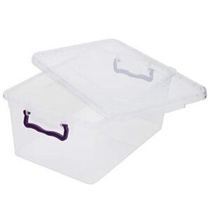 Home Basics Plastic Storage Box with Locking Lid, Clear | Durable Latches for Secure Closure | Purple Handles (15 liter)